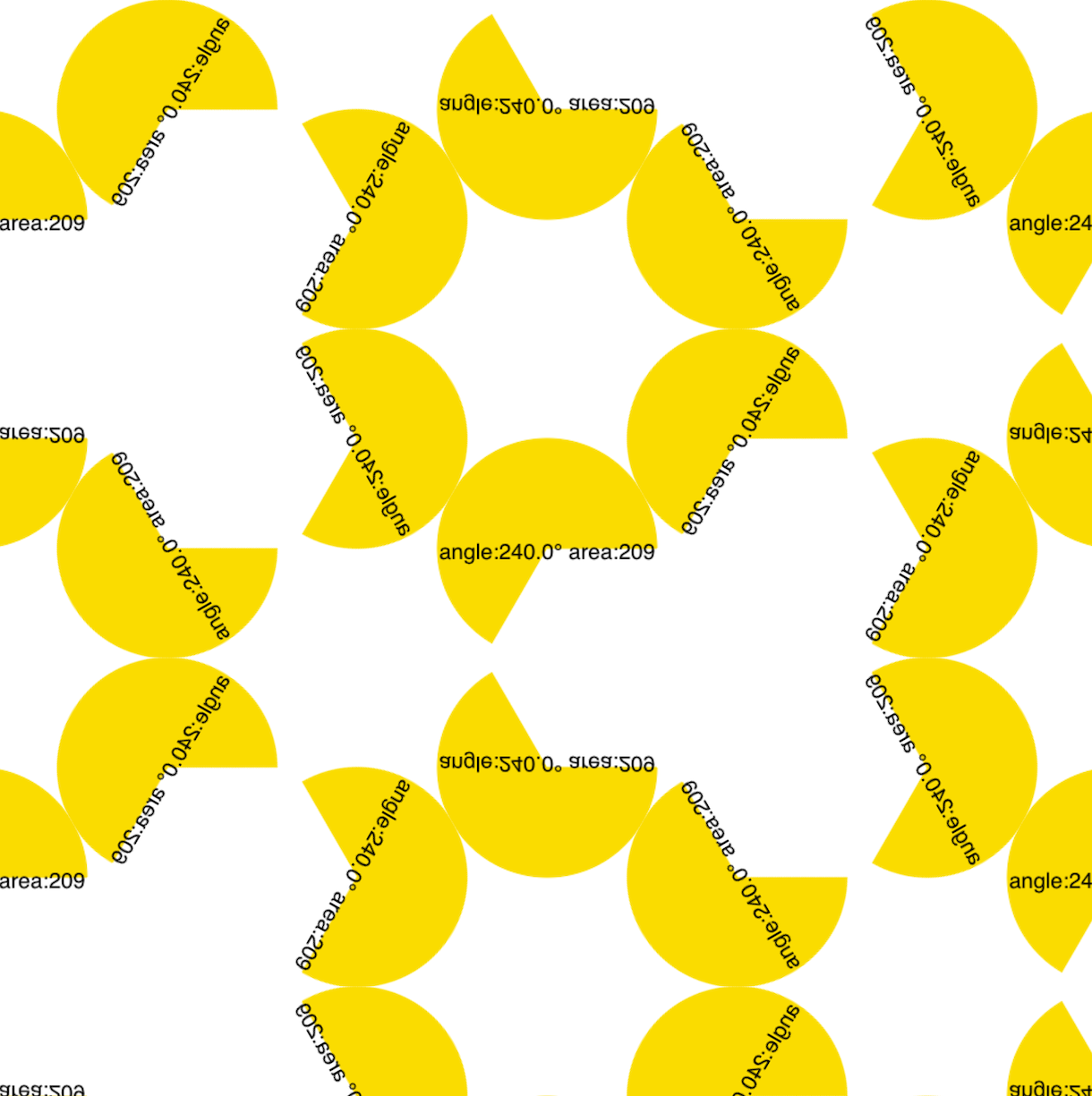 プログラミングB分類、算数、円弧の面積「fillArc」 in JavaScript with 万華鏡